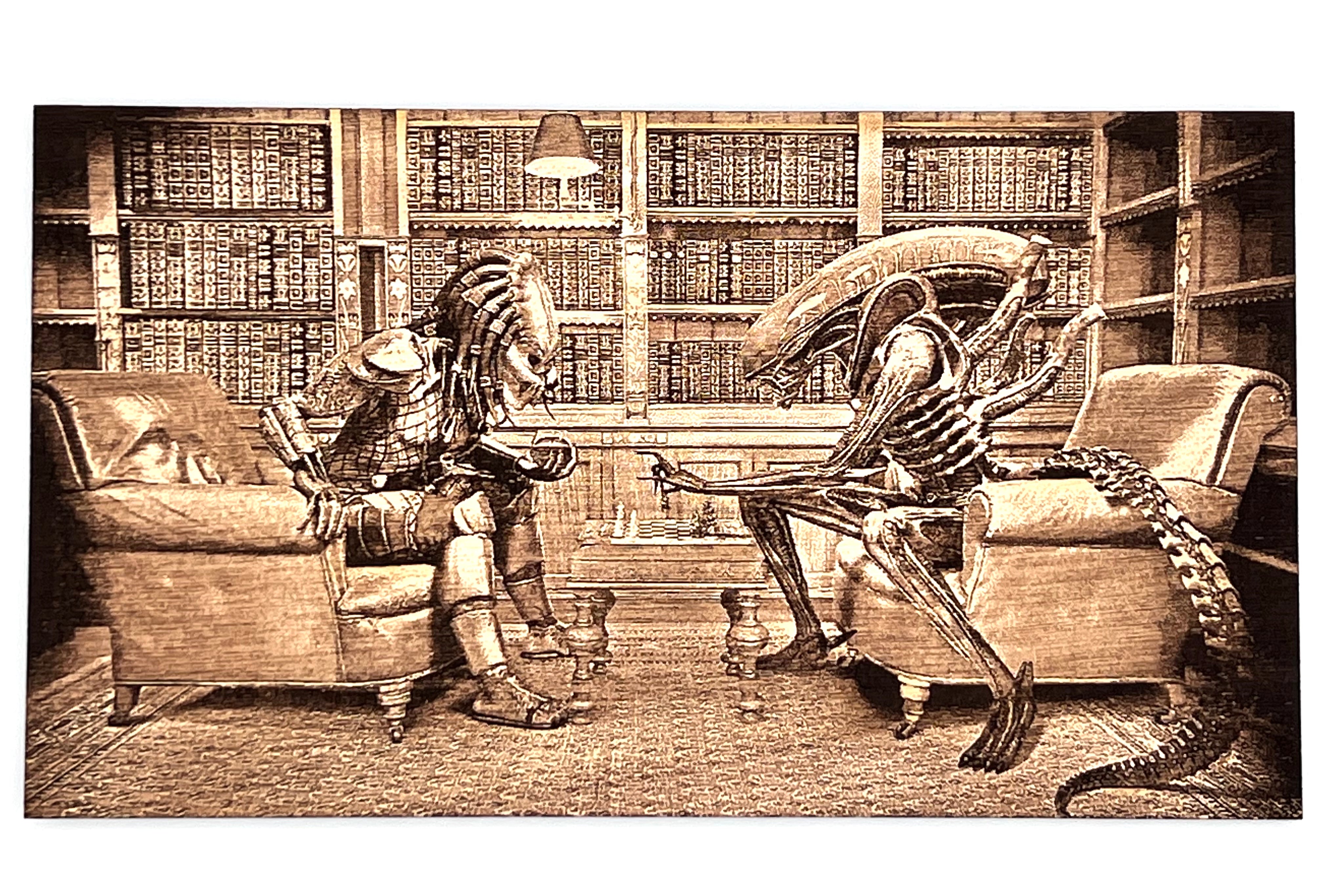 Alien vs Predator Playing Chess, Wood Engraved